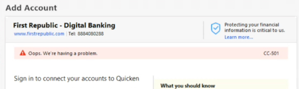 Error When Adding Accounts: "Oops. We're having a problem - CC-501" in Quicken for Windows or ...